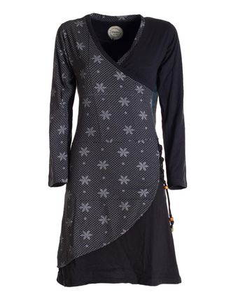 vishes Alternative Bekleidung - Langarm Damen Jerseykleid Baumwolle B&auml;nder Bl&uuml;mchenmuster schwarz 36