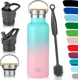 Milu Edelstahl Trinkflasche 500ml, 750ml, 1000ml (+3 Deckel) - Thermosflasche mit Strohhalm, Isolierte Wasserflasche, Auslaufsichere Isolierflasche doppelw