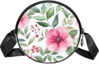 Generic Petit sac &agrave; bandouli&egrave;re circulaire pour femme, motif feuilles florales, sac &agrave; dos avec fermeture &eacute;clair, bretelles r&eacute;glables, sac &agrave; main rond d&eacute;contra