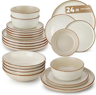 VANCASSO RENO Service de Table 24 Pièces Grès 6 Personnes - 6 Assiettes Plates, 6 Dessert, 6 Creuses, 6 Bols - Émail Beige Mat