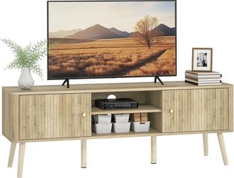 HOMCOM TV-Möbel 140 cm, TV-Möbel für Fernseher bis 65 Zoll mit 2 Türen, 2 offenen Fächern, verstellbarem Regal und Füßen aus Kiefer, TV-Bank für Wohnzimmer, 