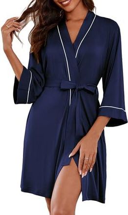 Ekouaer Robe de Chambre Femme Grande Taille Ultra Doux L&eacute;ger Peignoir de Bain Femme Ete Courte Manches 3/4 Kimono, Bleu fonc&eacute;, M
