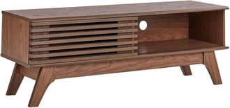 Beliani Beliani - Fernsehtisch Dunkelbraun Holzoptik Walnuss 120 cm Breit mit Kabelkanal Schiebetür Lamellen-Optik Niedrig Schmal TV-Möbel TV-Schrank