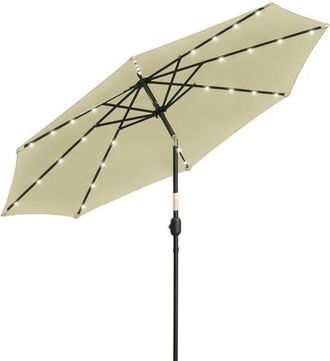 OUTSUNNY Parasol de jardin avec 32 lumières LED solaires Ø265 x 233 cm Parasol inclinable avec manivelle et poteau en acier pour terrasse patio extérieur, beig