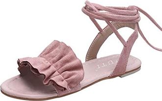 Generic Sandales plates pour femme - Couleur unie - Sandales crois&eacute;es &agrave; lacets - Sandales de danse tendance festonn&eacute;es - Sandales d&eacute;contract&eacute;es &agrave; bout ouvert 