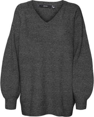 Vero Moda Vmleaf Ls Long V-Neck Pullover Noos Pull col en V, Gris fonc&eacute; m&eacute;lang&eacute;, M Femme
