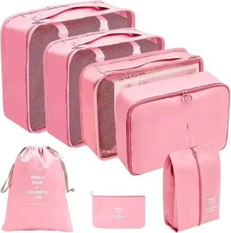 Generic 7-teiliges Reise-Aufbewahrungstaschen-Set, Koffer-Packw&uuml;rfel, Handgep&auml;ck, Kleider- und Schuh-Organizer-Taschen, faltbar(7 Pieces Pink)