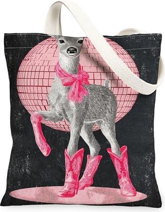 Generic Sacs fourre-tout vintage en toile motif cerf r&eacute;tro motif disco, sacs d&eacute;picerie r&eacute;utilisables, &eacute;l&eacute;gants, l&eacute;gers et lavables, noir, 13x15 Inch