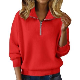 Generic Pull pour femme avec demi-fermeture éclair et col en V - Pull en tricot confortable en laine et cachemire - Tunique thermique et chaude - Hauts en pol