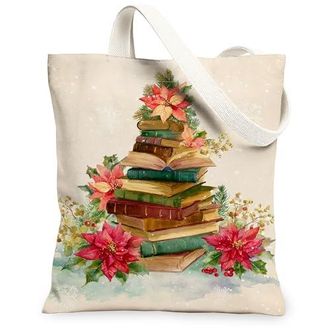 Generic Sacs fourre-tout en toile florale de No&euml;l, design vintage, sacs d&eacute;picerie r&eacute;utilisables pour les vacances, l&eacute;gers et lavables, Beige, 13x15 Inch