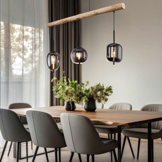 Globo Lighting Pendellampe Holzlampe H&auml;ngeleuchte Wohnzimmerlampe rauchfarben, Metall Schwarz Glas, 3x E14 Fassung, h 130 cm