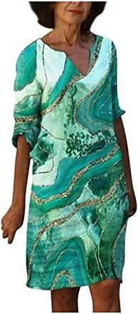 Onsoyours Robe Femme Robe De Plage Casual Imprimée Boho Col V À Manches 3/4 Robe Chic Grande Taille Mini Robe Tunique Vert A XL