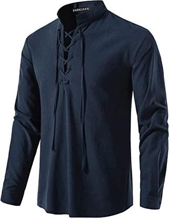 PARKLEES Chemise de loisirs r&eacute;tro en coton pour homme - Manches longues - &Agrave; lacets - Costume de pirate m&eacute;di&eacute;val - Viking - Pour Halloween, Marine, XL