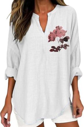 Generic HUIFUAO T-shirts blancs à col en V en coton et lin pour femmes, hauts dété à manches longues avec imprimé floral, hauts basiques noirs pour femmes, Z2
