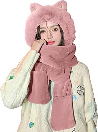 Generic LOIJMK Bonnet dhiver chaud en tricot pour femme - Bonnet en laine - Deux en un - Bonnet chaud à capuche - Avec cache-oreilles - Pour femme, Rose, tail