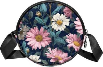 Generic Sac &agrave; bandouli&egrave;re rond pour femme, sac &agrave; bandouli&egrave;re color&eacute; peint &agrave; motif floral avec fermeture &eacute;clair, bretelles r&eacute;glables, sac &agrave; main rond d&eacute;contrac