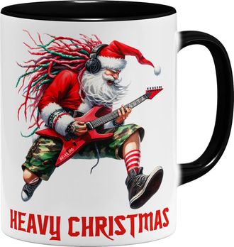 OM3 Heavy Christmas Kaffee-Tasse Lustige Weihnachtstasse f&uuml;r Rocker & Heavy Metal Fans - Weihnachtsmann mit Gitarre - Keramik Becher - 325ml - Beidseitig 
