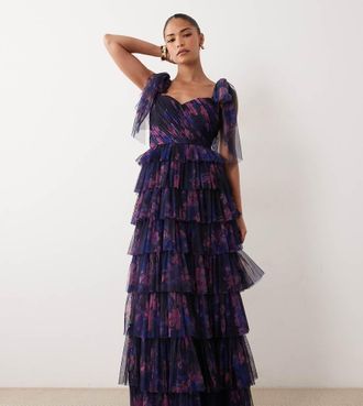 Lace & Beads Petite robe longue en tulle &agrave; volants avec noeud aux &eacute;paules, bleu cobalt fleuri-Multi