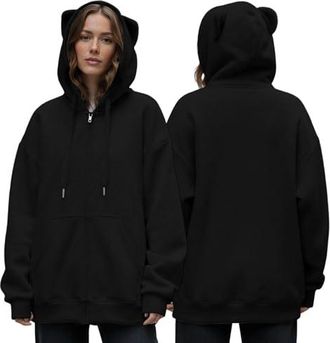 Generic Sweat &agrave; capuche avec oreilles de chat mignon - Fermeture &eacute;clair - Confortable - Couleur unie - Avec poche - Pour les vacances au quotidien, Noir, XXL