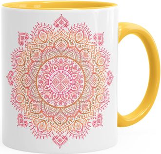 Autiga Kaffee-Tasse Mandala Ethno Boho Kaffeetasse Teetasse Keramiktasse mit Innenfarbe gelb Unisize