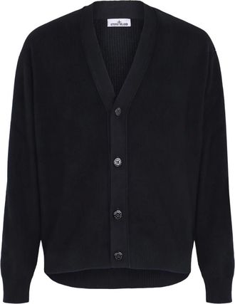 Stone Island Homme, Pulls, Bleu, Taille: M Cardigan &agrave; col en V avec boutons et finitions c&ocirc;tel&eacute;es