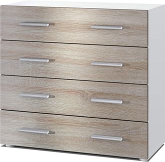 Vladon Sideboard Pavos, Kommode mit 4 Schubladen, Weiß matt/Eiche sägerau (76 x 72 x 35 cm)