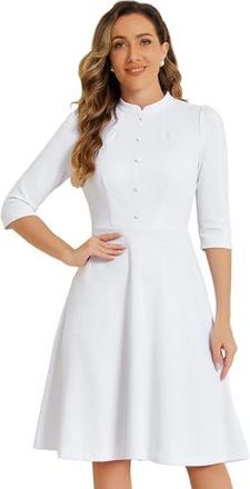Allegra K Robes Fourreau pour Femmes Manches 3/4 Col Montant élégante Robe Trapèze daffaires Blanc S