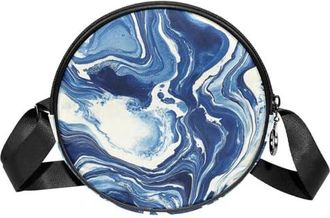 Generic Petit sac &agrave; bandouli&egrave;re circulaire pour femme, bleu et blanc, motif aquarelle tourbillon avec fermeture &eacute;clair, bretelles r&eacute;glables, sac &agrave; main rond d