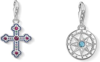 Thomas Sabo Damen Charm-Anhänger Viktorianisches Kreuz 925 Sterling Silber 1496-391-7 & Damen Charm-Anhänger Kompass Reise Charm Club 925 Sterling Silber 1228-405