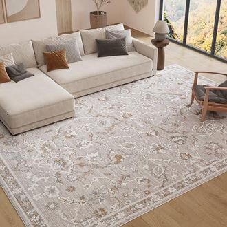 Tapiso Trend Tapis &agrave; Poil Court - &Eacute;l&eacute;gant Tapis de Salon en Cr&egrave;me Beige avec Brun et Gris - Motif Floral, Encadrement - Tapis Facile dEntretien - Oeko-TEX 80