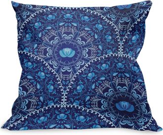 Abakuhaus Navy blau Kissenbezug, Kreisförmige und Blumen Pflanzen Ornamente Orientalischer Stil Muster, Kissenhülle mit Reißverschluss Beidseitiger Druck, 40 x 
