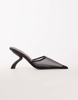 Topshop Alessio Pumps mit eckigem Absatz und spitzer Spitze in schokobraunem Mesh