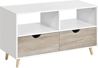 HOMCOM Meuble TV Bas sur Pieds Style scandinave 2 tiroirs Coloris ch&ecirc;ne Clair Blanc
