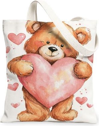 Generic Sacs fourre-tout en toile motif ours mignon, sacs d&eacute;picerie r&eacute;utilisables, l&eacute;gers et lavables pour la Saint Valentin, blanc, 13x15 Inch