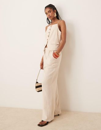 Vero Moda Pantalon densemble ample et ajust&eacute; &agrave; taille haute en aspect lin - Cr&egrave;me chin&eacute;-Blanc