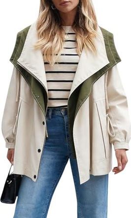 Generic Veste d&eacute;contract&eacute;e &agrave; revers pour femme, coupe-vent &agrave; capuche &agrave; bloc de couleurs, coupe d&eacute;contract&eacute;e, v&ecirc;tements dext&eacute;rieur l&eacute;gers, abricot, 3XL