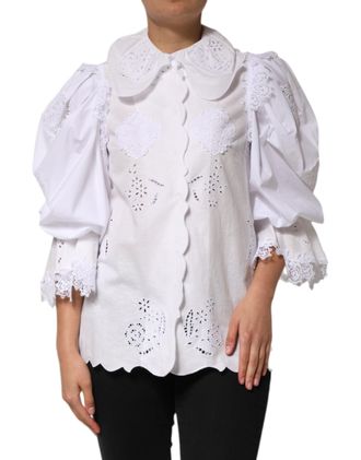 Dolce & Gabbana Womens White Ruffled Lace Embellished Blouse Top Cotton Linen Polyester