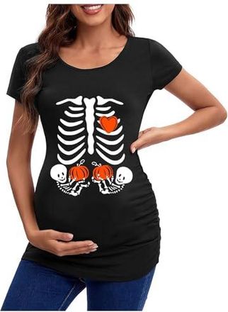 Generic 2026 Tête Squelette Halloween Femmes Enceintes Vêtements Top Teasing Européen et Frontière T-shirt, Orange, XXL