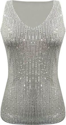 Generic Haut &agrave; paillettes argent&eacute;es pour femme - D&eacute;bardeurs d&eacute;contract&eacute;s &agrave; col en V - Couleur unie - Camisole d&eacute;t&eacute; &agrave; paillettes - Tendance et polyvalent - D&eacute;b