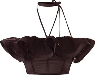 Elisabetta Franchi Femme, Tops, Brun, Taille: 40 FR Top en Satin avec Maxi Volant