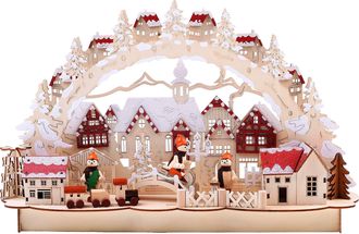 Brubaker 3D LED Lichterbogen Schwibbogen - Winterlandschaft mit Altstadt - LED Beleuchtung - Holz natur - 43,5 x 27 x 10,1 cm - Handbemalt