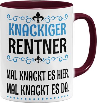 OM3 Knackiger Rentner Rente Kaffee-Tasse mit Spruch - Abschiedsgeschenk Ruhestand Rente - Keramik Becher - 11oz 325ml - Beidseitig Bedruckt - Bordeaux