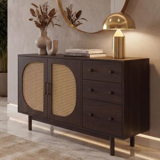 Mendler Sideboard HWC-P52, Schrank Kommode Highboard, Schubladen Stauf&auml;cher, Poly-Rattan MDF Melamin 80x120x40cm - Walnuss-Optik