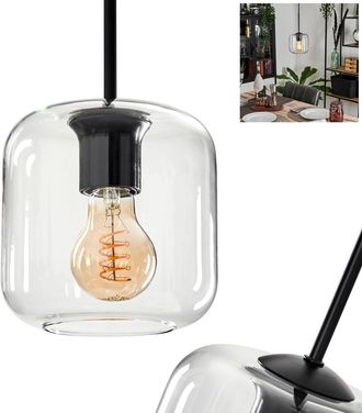 HOFSTEIN H&auml;ngeleuchte Lauden, H&auml;ngelampe aus Metall/Glas in Schwarz/Klar, Leuchte im Vintage/Retro Design mit Schirm aus Glas (&Oslash; 15 cm), H&ouml;he max. 150 cm, 1 x 