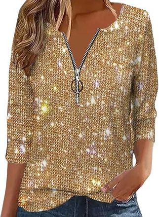 Generico Hauts scintillants pour femme - Chemises &agrave; paillettes de No&euml;l &eacute;l&eacute;gantes &agrave; volants - Tunique &eacute;l&eacute;gante &agrave; manches courtes - Col rond - Pull &agrave; paillettes 