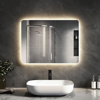 SVNR Badezimmerspiegel Mit 80 x 60cm Hintergrundbeleuchtung, An Der Wand Montierter LED-Kosmetikspiegel Mit 4mm Kupferfreiem Glas, Aluminiumrahmen, Dual-To