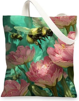 Generic Sac fourre-tout en toile à motif floral, sacs dépicerie vintage réutilisables, sacs à bandoulière verts légers en lin, 33 x 38 cm