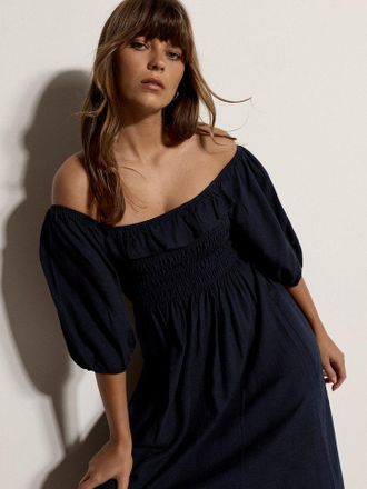 Apricot Maxikleid Bardot-Maxikleid mit Smokarbeit Gerafft