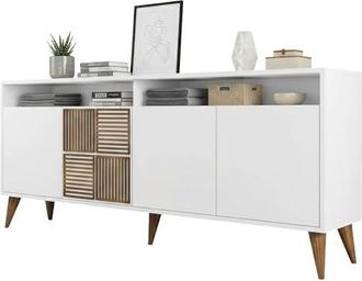 Dmora Sideboard Rotanev 180x35x78,6 cm Wei&szlig;, 2 Regale, 4 T&uuml;ren