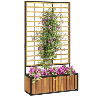 OUTSUNNY Blumenkasten, Outdoor, Teakbraun, 74 x 27 x 131 cm, 12 Liter, 6.5 kg, Akazienholz und Stahl, Stehend, Rustikal, Entw&auml;sserungsloch, Gemalt, PLANTER, Fl